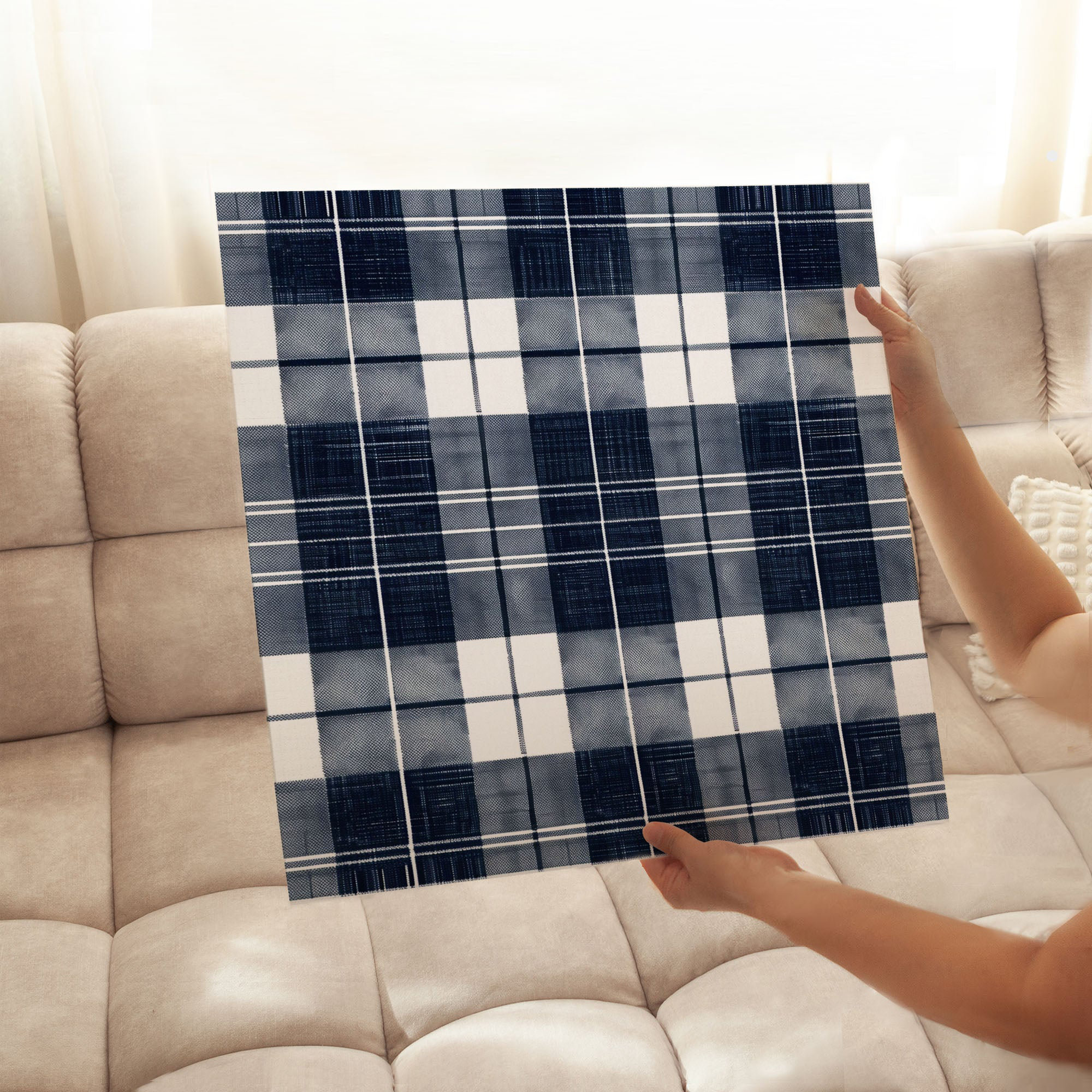 Gracie Oaks Abstract Navy ]Blue Plaid Pattern VII Modern Unframed Art ...